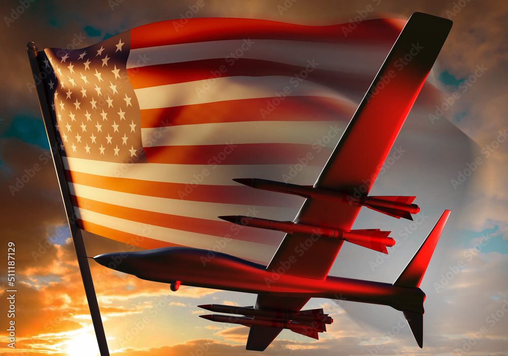 UAV military. American unmanned aerial vehicle. USA flag with military ...