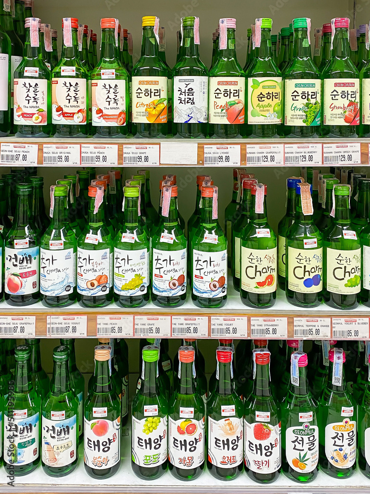 Bangkok Thailand - 27 April 2022: Many flavor of Soju on shelf for sale ...
