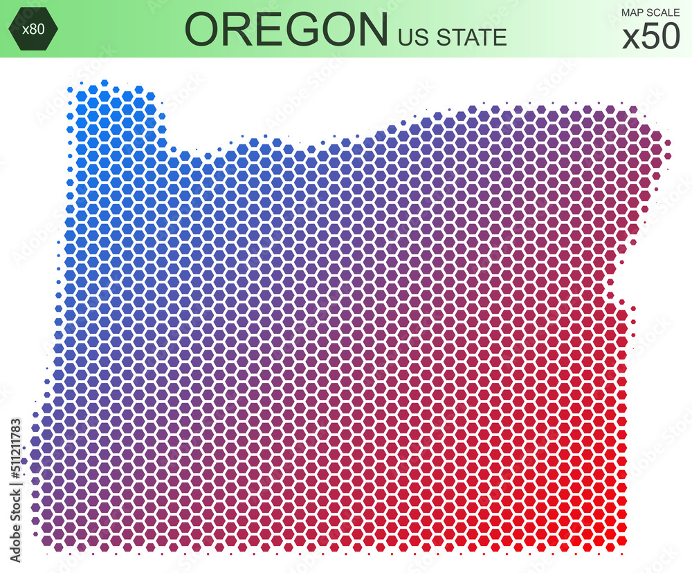 Dotted map of the state of Oregon in the USA, from hexagons, on a scale ...