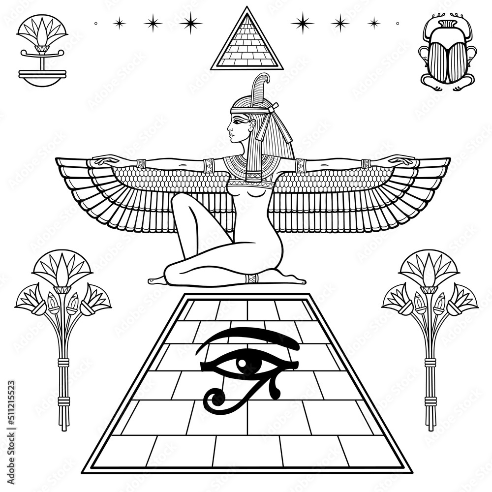 Mystical linear drawing: winged goddess Isis at top of the Egyptian ...