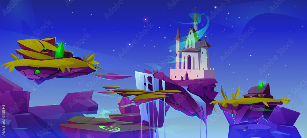Fantasy summer landscape with magic castle and floating islands. Vector ...