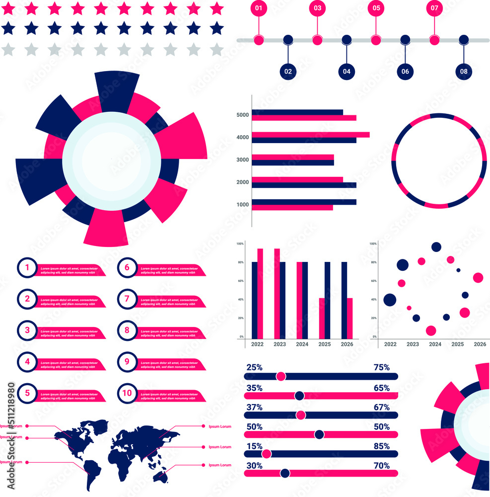 Modern Infographic elements bar and line charts, percents, pie charts ...