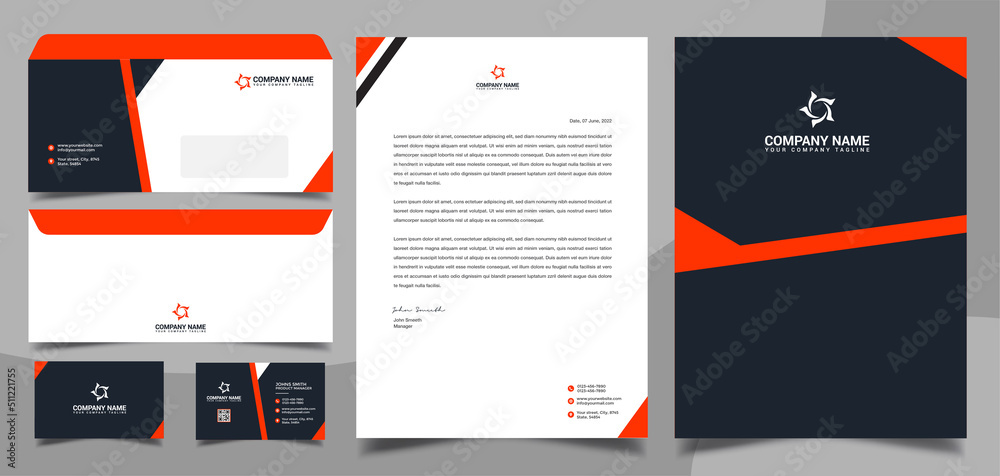 Red brand identity, stationary, letterhead, business card, envelope ...