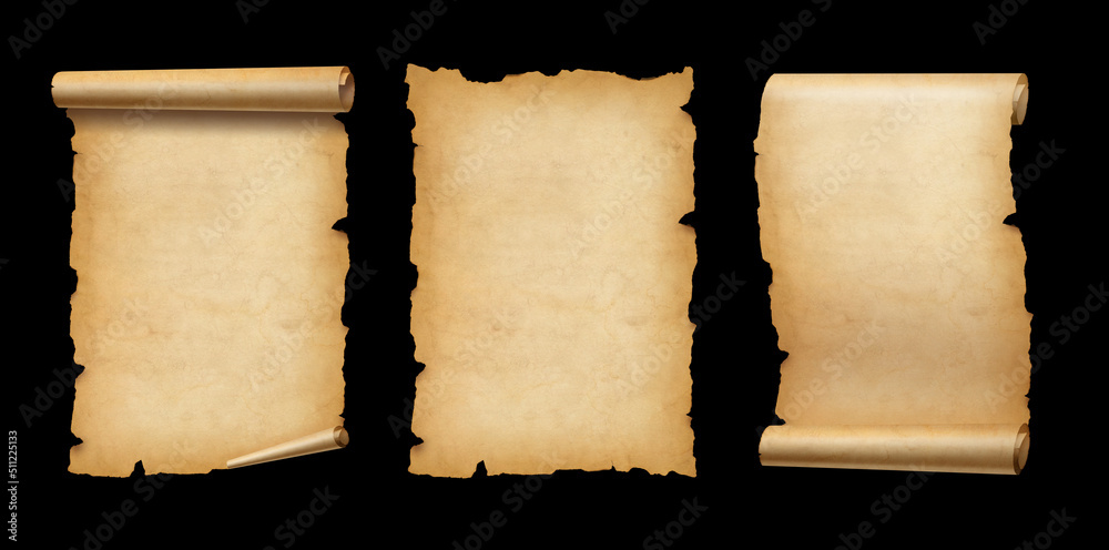 Old Parchment paper scroll set isolated on black. Vertical banners ...
