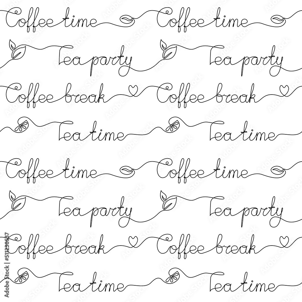 Seamless pattern with written calligraphy lettering. Tea or coffee time ...