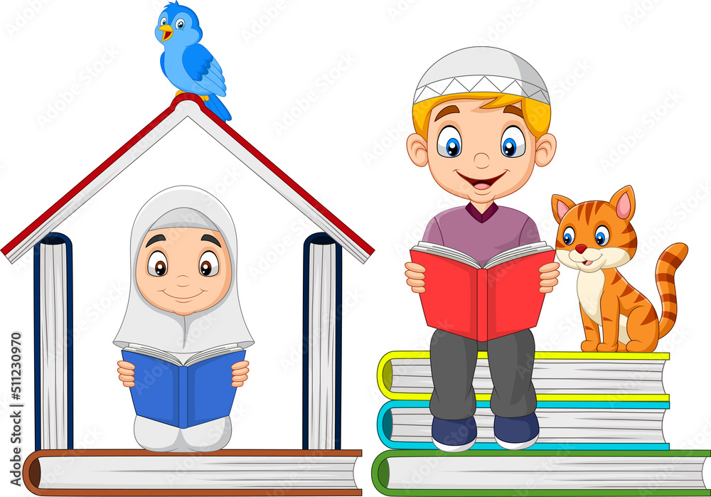 Cartoon Muslim kids reading a book with pile of books and forming a ...
