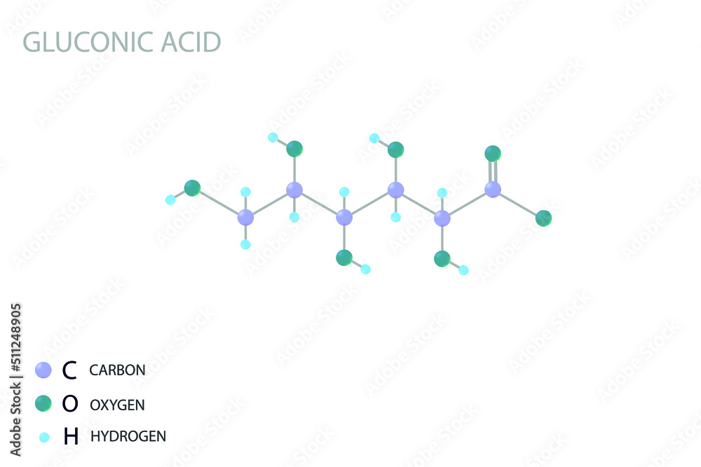 Gluconic acid molecular skeletal 3D chemical formula. Stock Vector ...