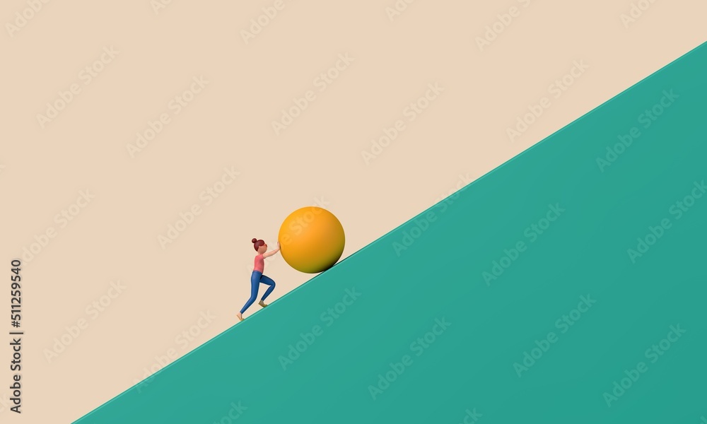 Female character pushing a large ball up a steep hill. Business ...