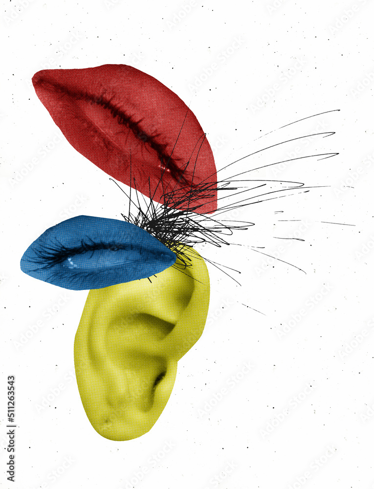 Contemporary art collage. Surreal artwork with human eyes and ear ...