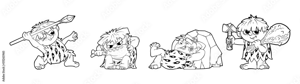 Prehistoric primitive man, a set of dynamic figures in black and white ...