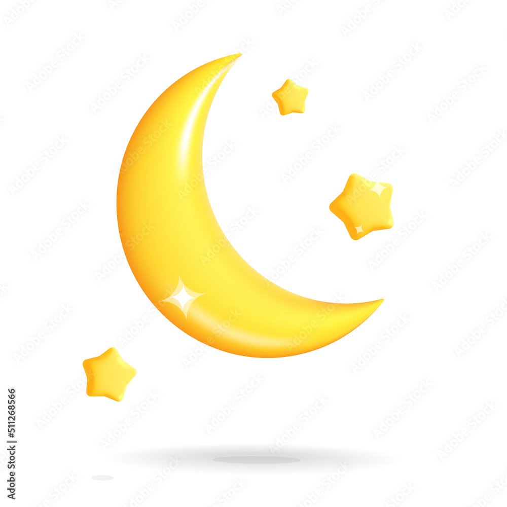 Vector 3d moon with tiny three stars design. Cute cartoon good night ...