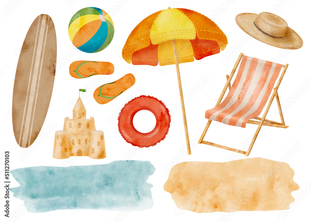Watercolor summer beach vacation set. Hand drawn beach umbrella, chair ...