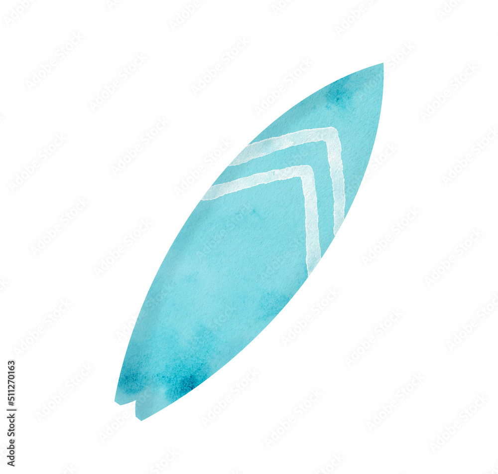 Watercolor surfboard illustration. Hand painted blue striped surf board ...