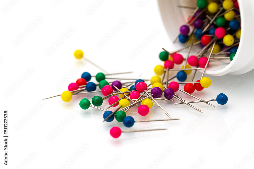 Map push pin needles fall out from white jar isolated white background ...