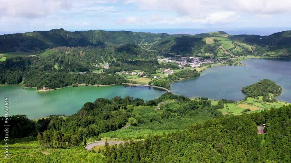 Azores. San Miguel. Aerial view. Aerial view of the Blue lake in west ...