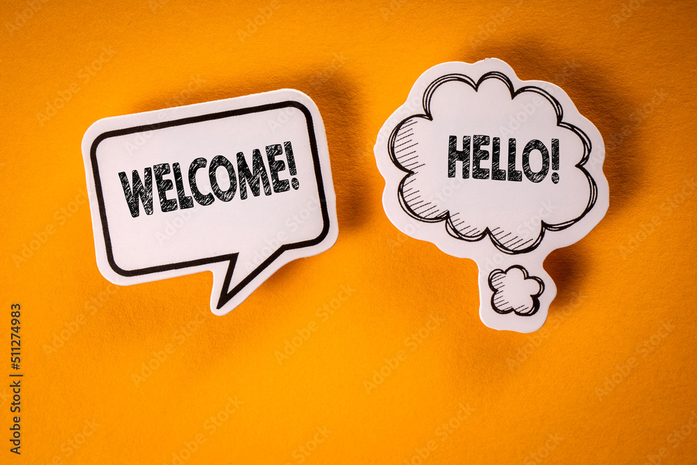 Welcome. Speech bubbles with text on an orange background Stock Photo ...