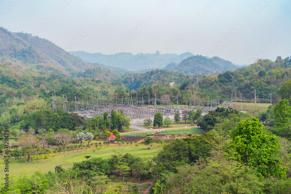 Aerial view of electricity generating, voltage poles. Power lines on ...
