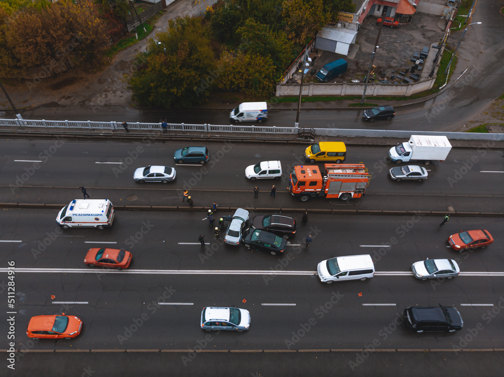 Severe accident. Traffic accidents on the road. View from above. The car got into an accident ...