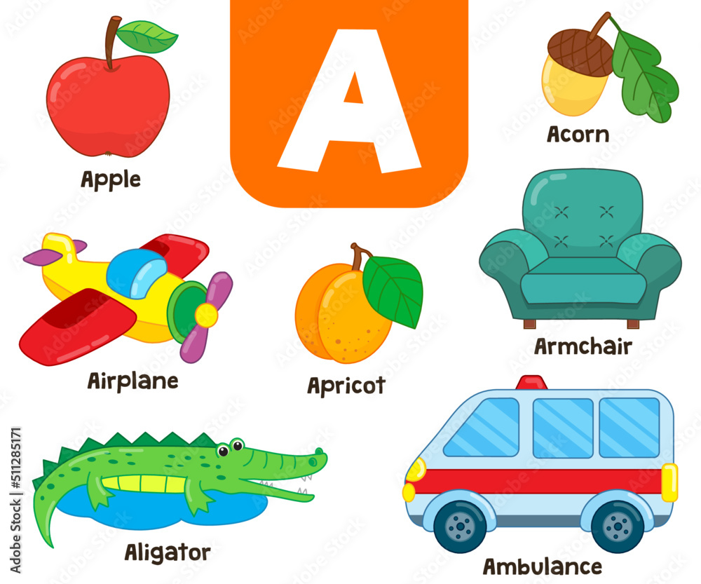 English alphabet in pictures — Children's colored letter A — vector ...