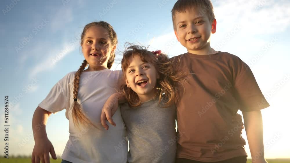 group of children a outdoors a portrait in park. happy family kid dream ...
