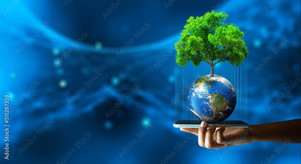 Man hand holding smartphone with Technology Economic. Tree growing on ...