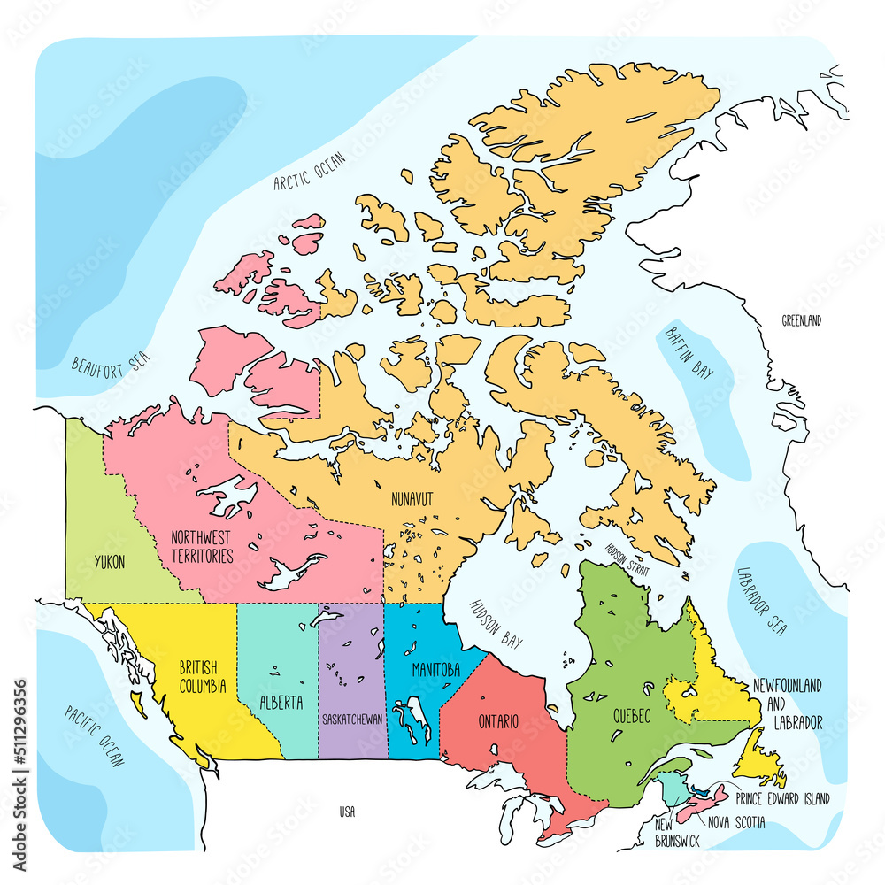 Hand drawn vector map of Canada. Sketch illustration with provinces and ...