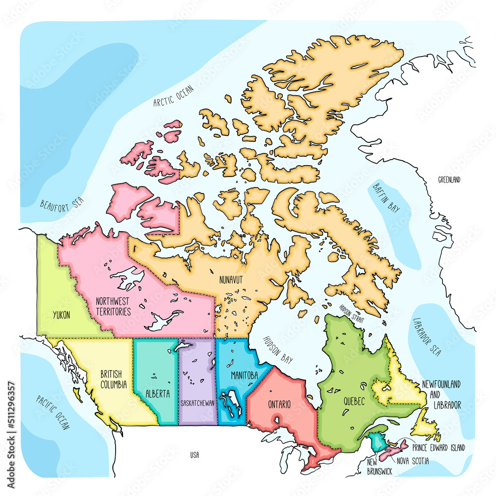 Hand drawn vector map of Canada. Sketch illustration with provinces and ...