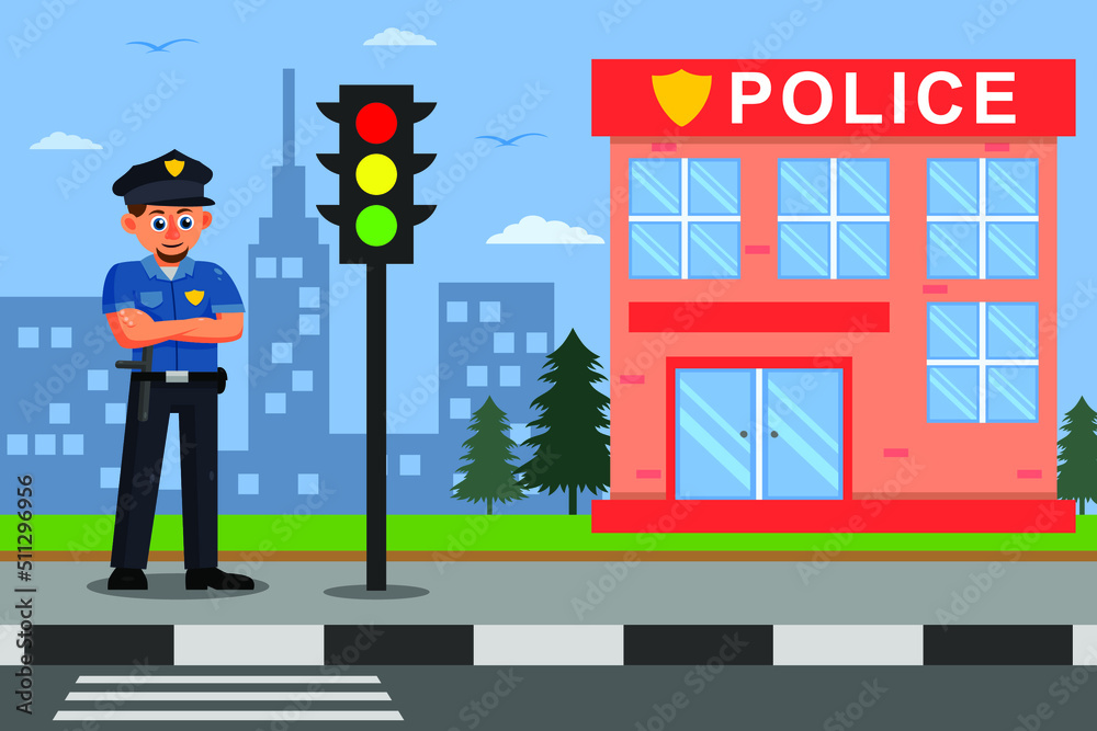 policeman standing in front of police station cartoon illustration ...