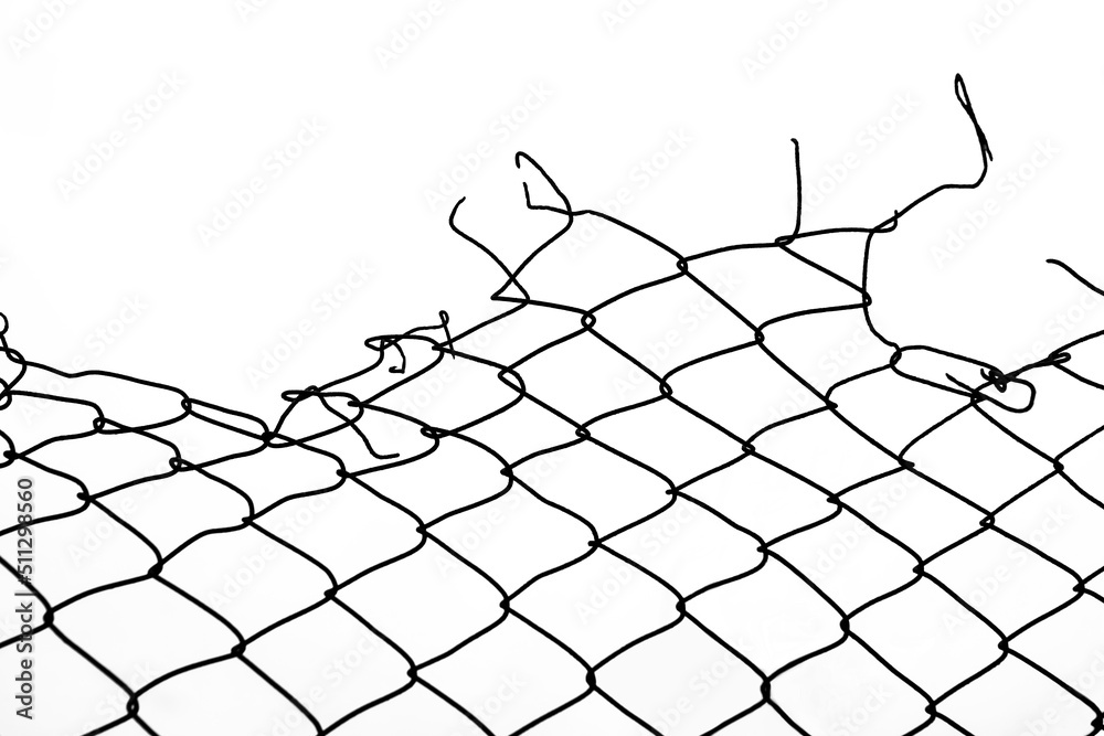 Torn metal wire mesh. Illustration of chain link fence with hole ...