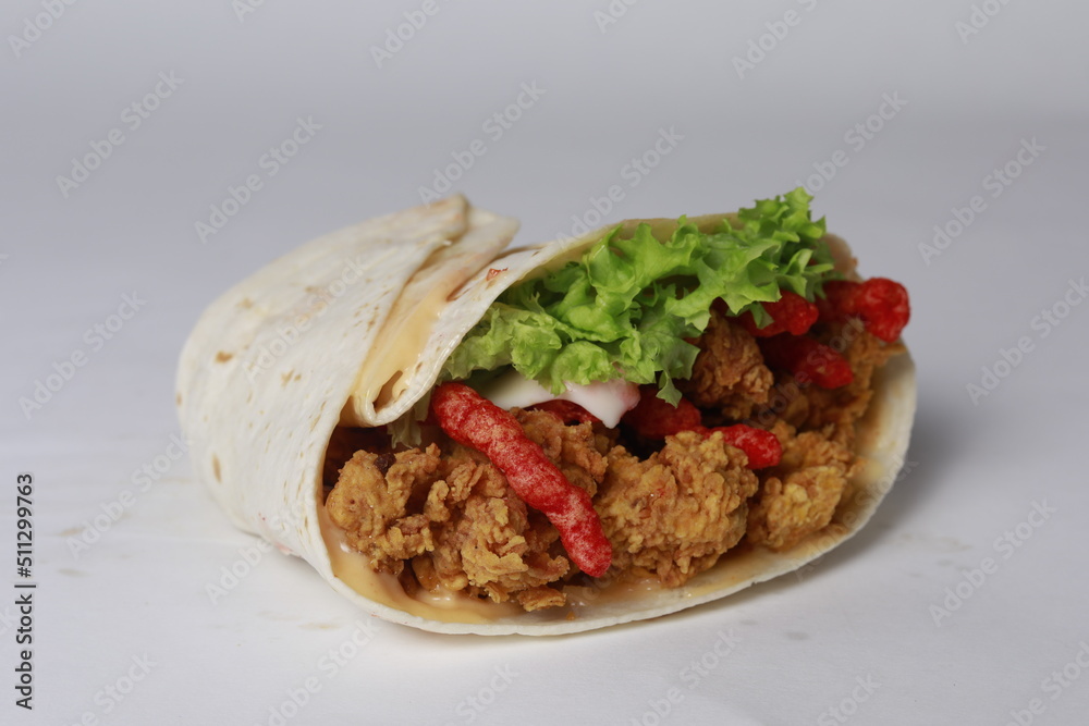 cheetos wrap sandwich fried chicken with lettuce Stock Photo | Adobe Stock
