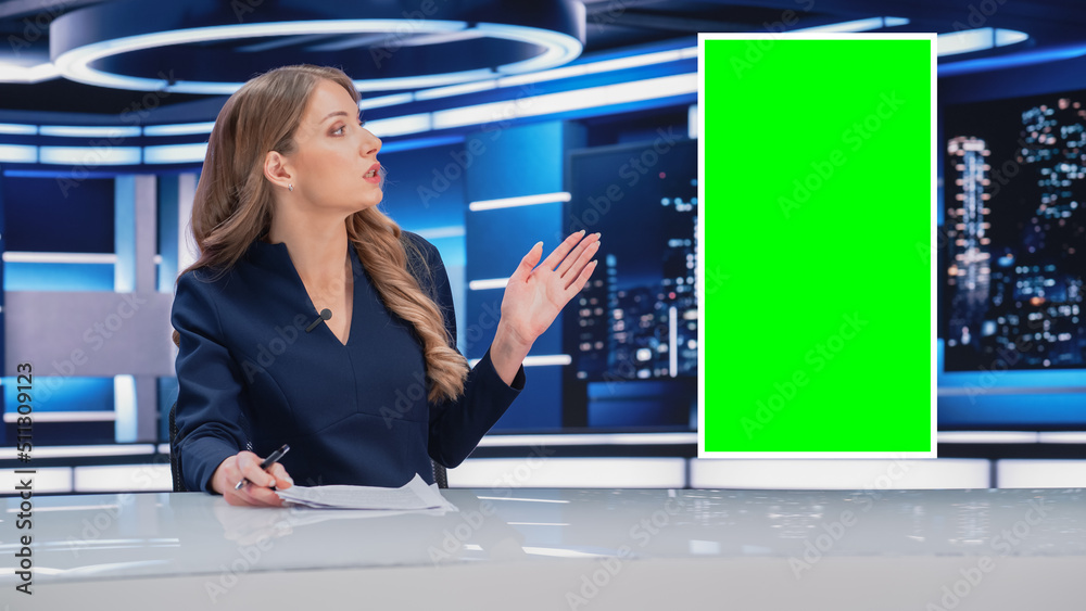Split Screen TV News Live Report: Female Anchor Talks, Reporting ...