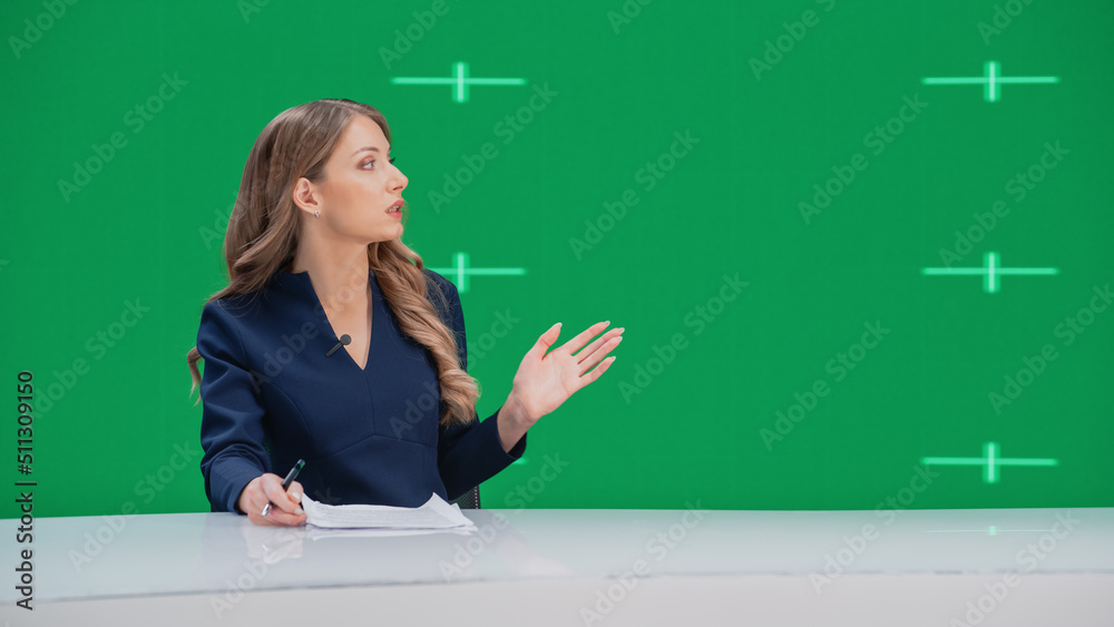 Newsroom TV Studio Live News Program with Green Screen Background ...