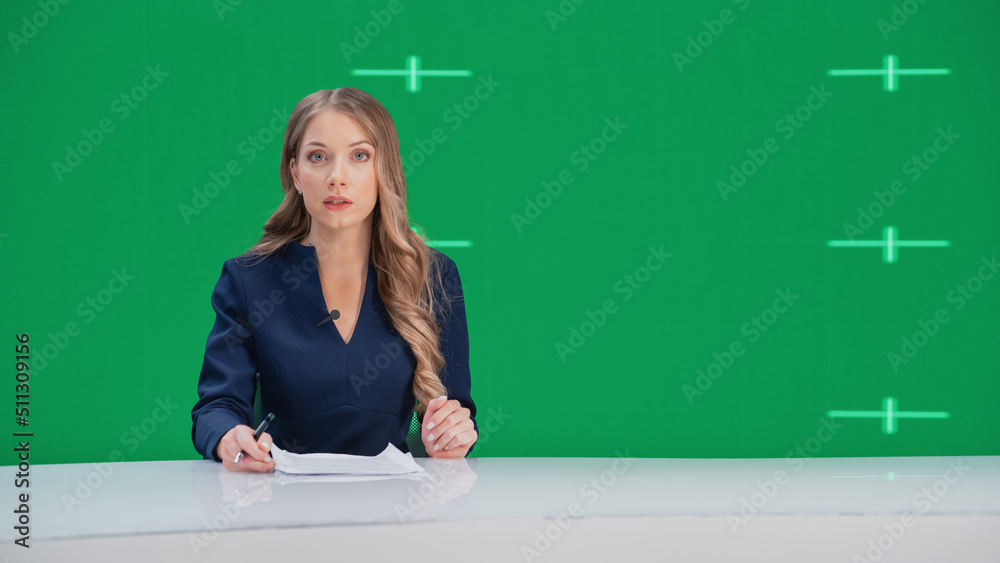 Newsroom TV Studio Live News Program: Caucasian Female Presenter ...