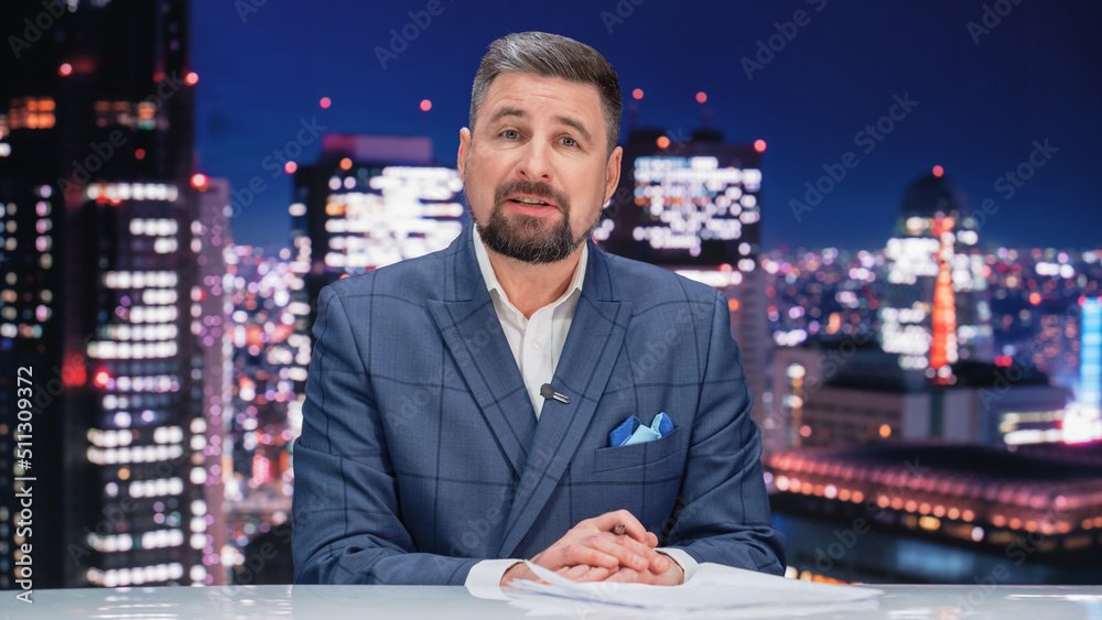 Late Night TV Talk Show Live News Program: Charismatic Male Anchor ...