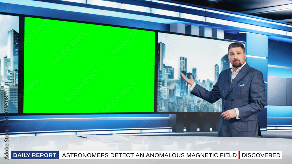 Newsroom TV Studio Live News Program: Caucasian Male Presenter ...