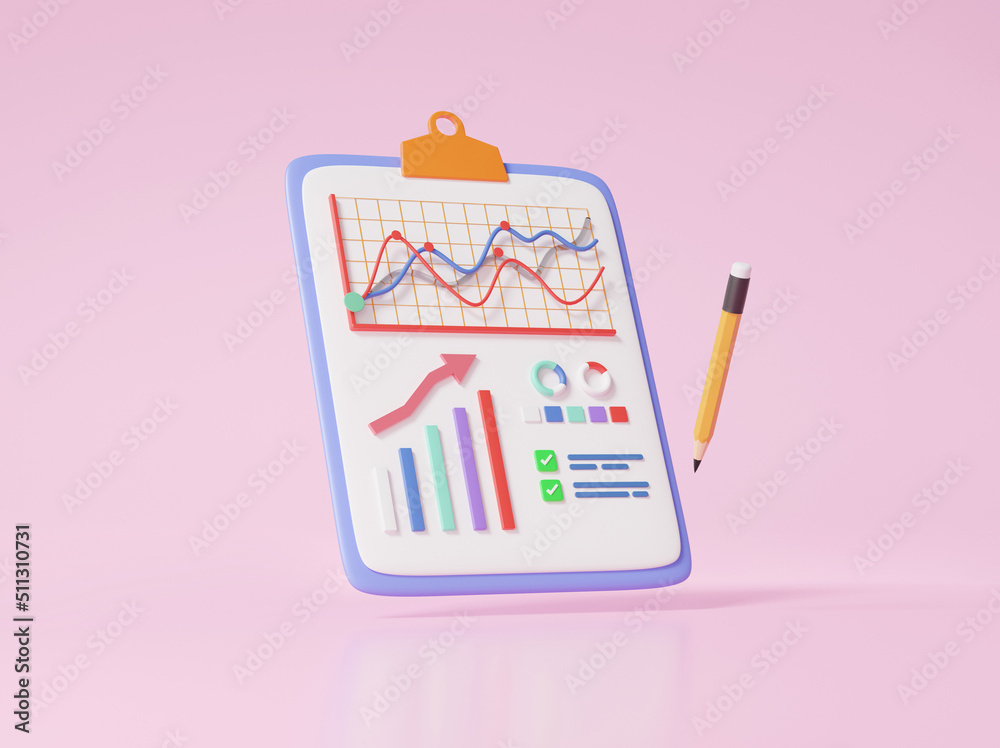 Statistics growth chart clipboard paper graph pencil floating on pink ...