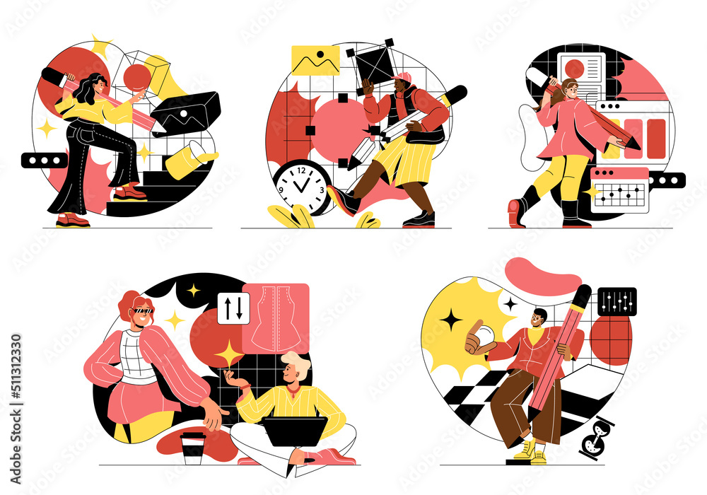 Set of Different designers. Men and women with software or tools ...