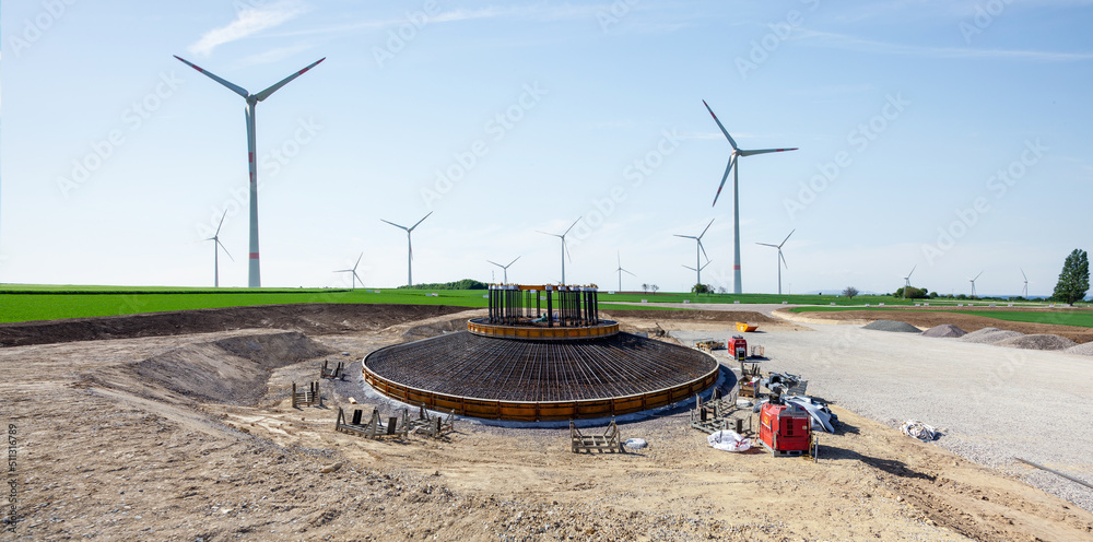 Construction site. Foundations of wind turbines with concrete and steel ...