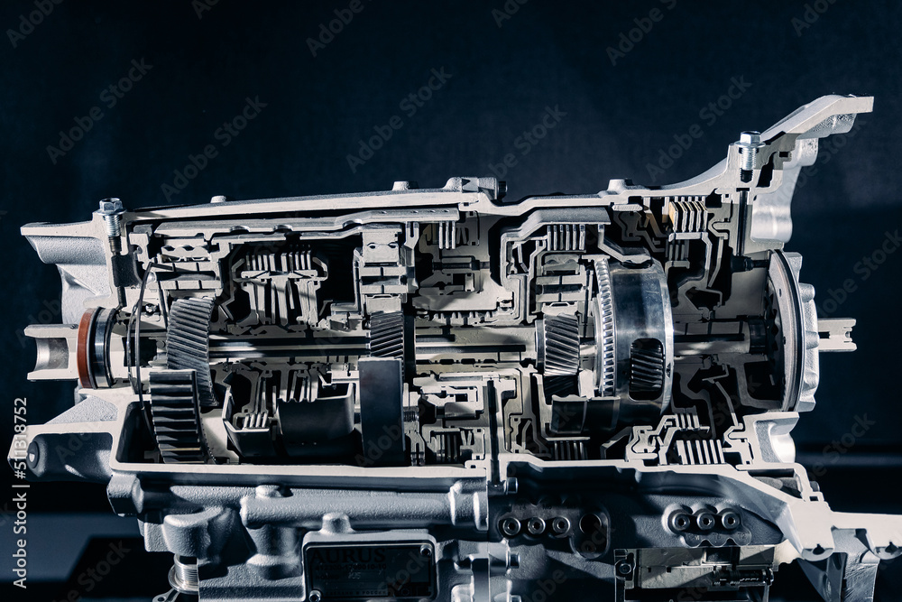 Longitudinal section mock-up of automobile gearbox for visual action ...