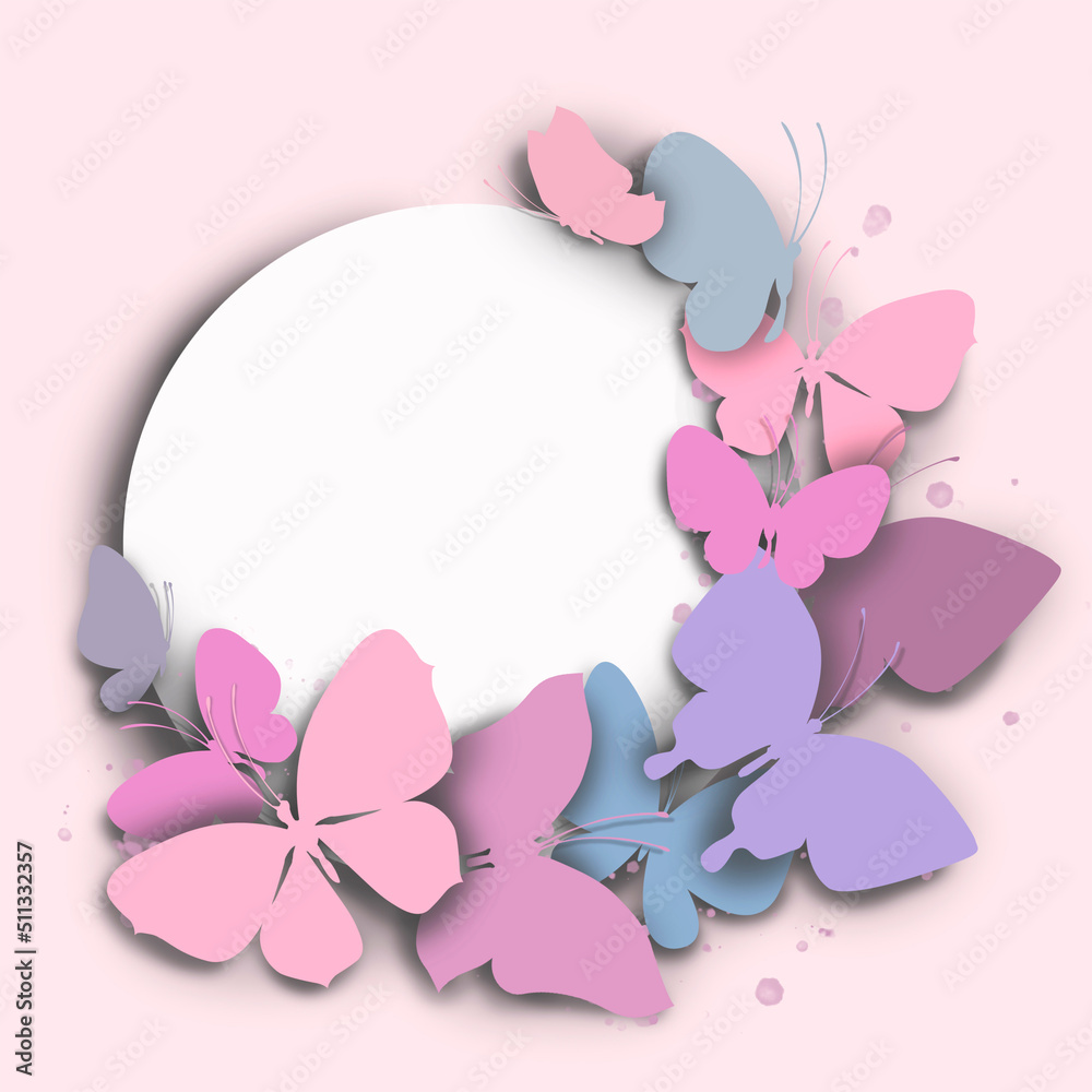 The round frame is pink with pink and blue butterflies. Graphic design ...