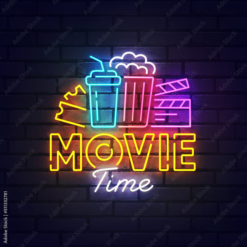 Movie neon sign, bright signboard, light banner. Movie Time logo neon ...