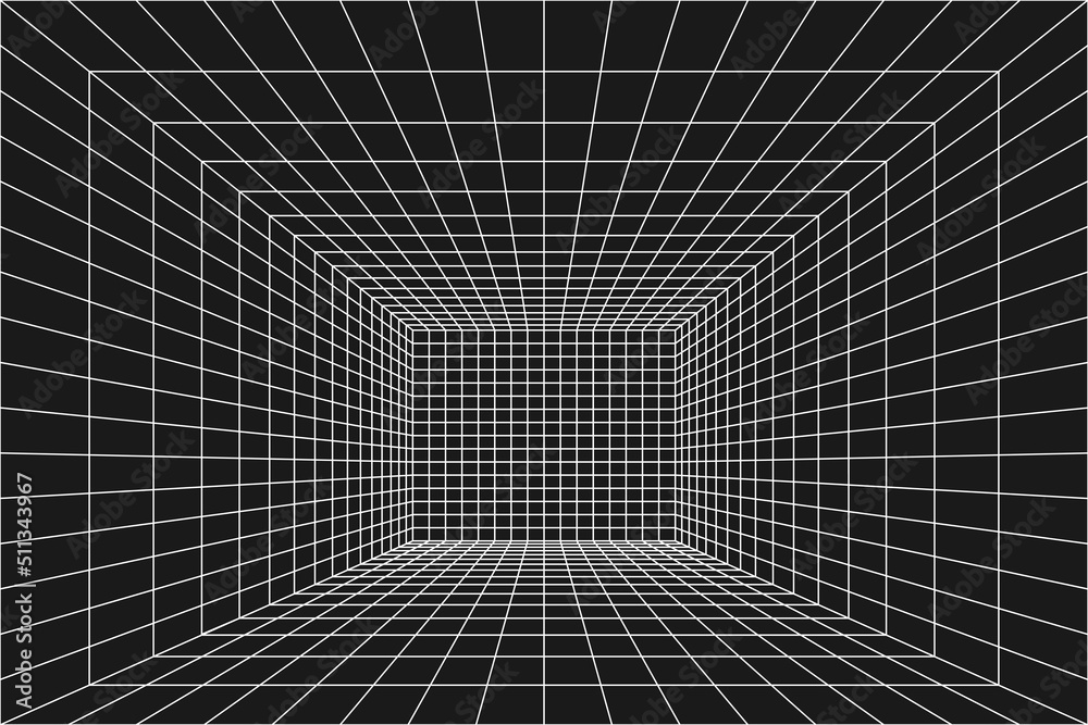 Perspective wireframe grid room. Interior digital box, grid tunnel ...