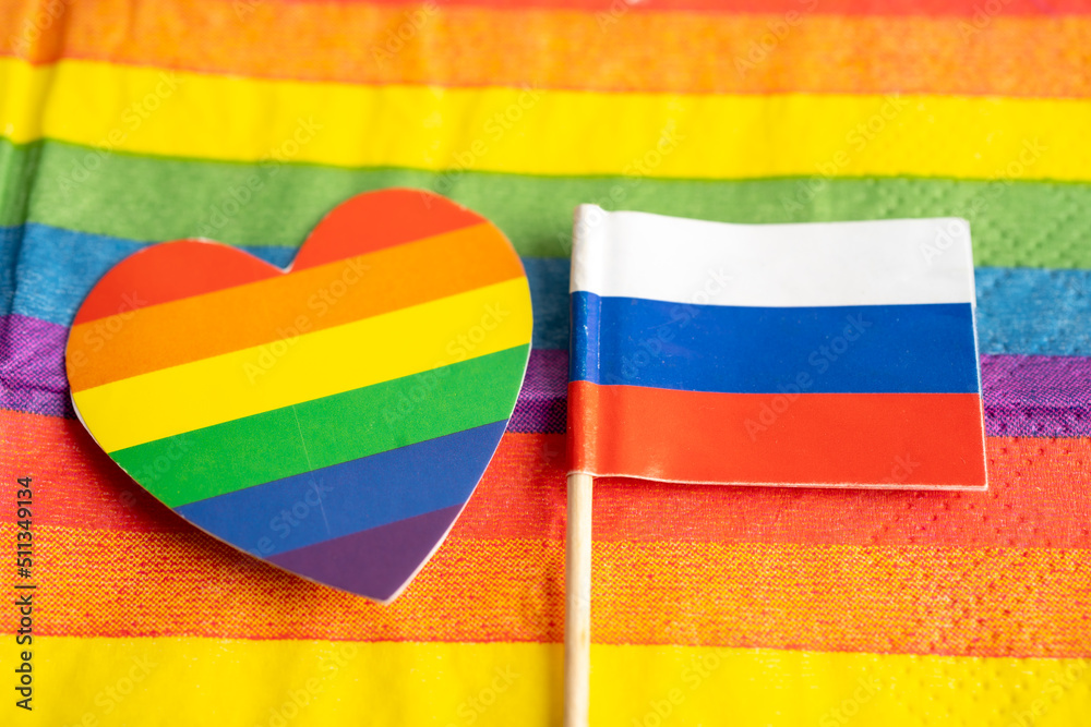 Russia flag on rainbow background symbol of LGBT gay pride month social ...