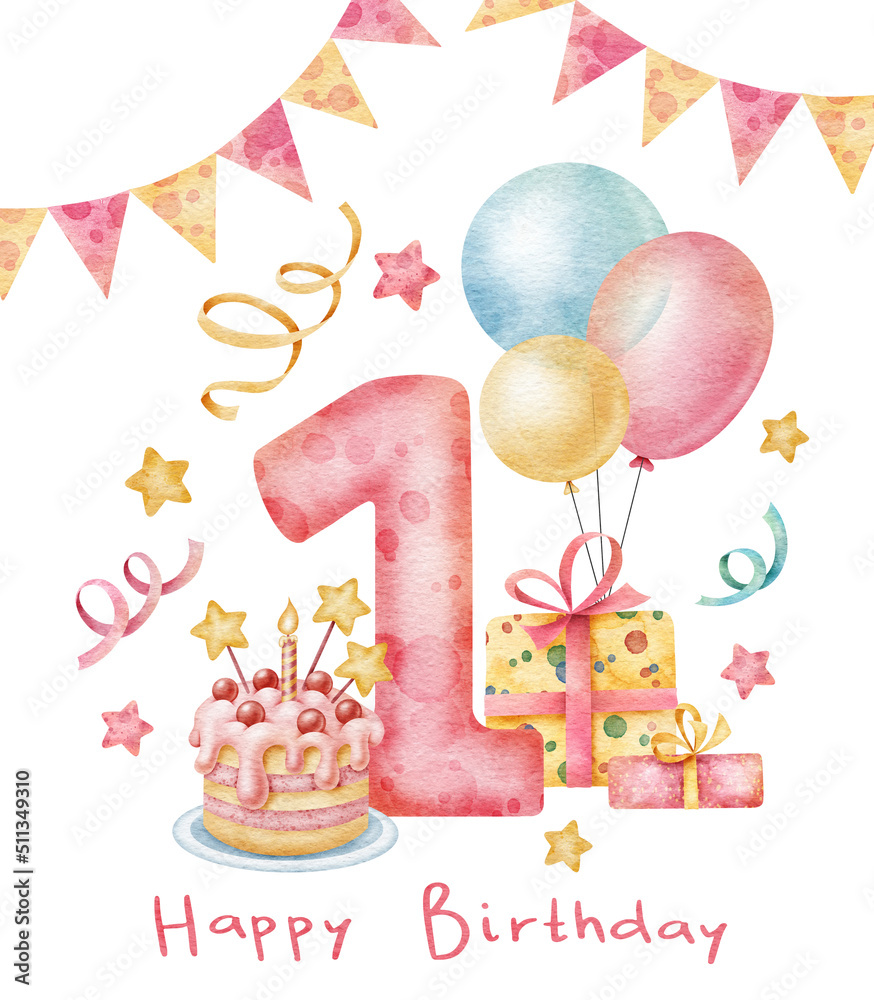 1st birthday card girl Stock Illustration | Adobe Stock