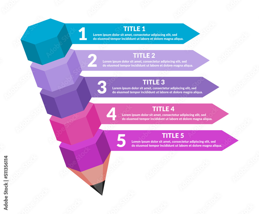 Pencil infographic with five elements. Colorful education template with ...
