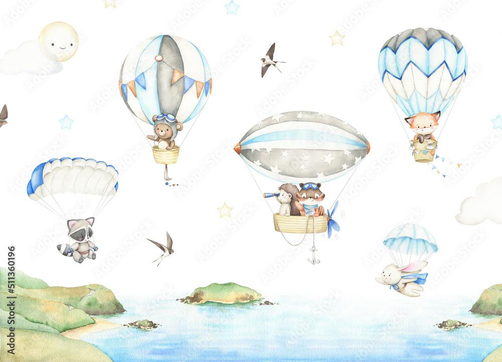 Skydiving, airship illustration. Cute little wild animals flying with ...