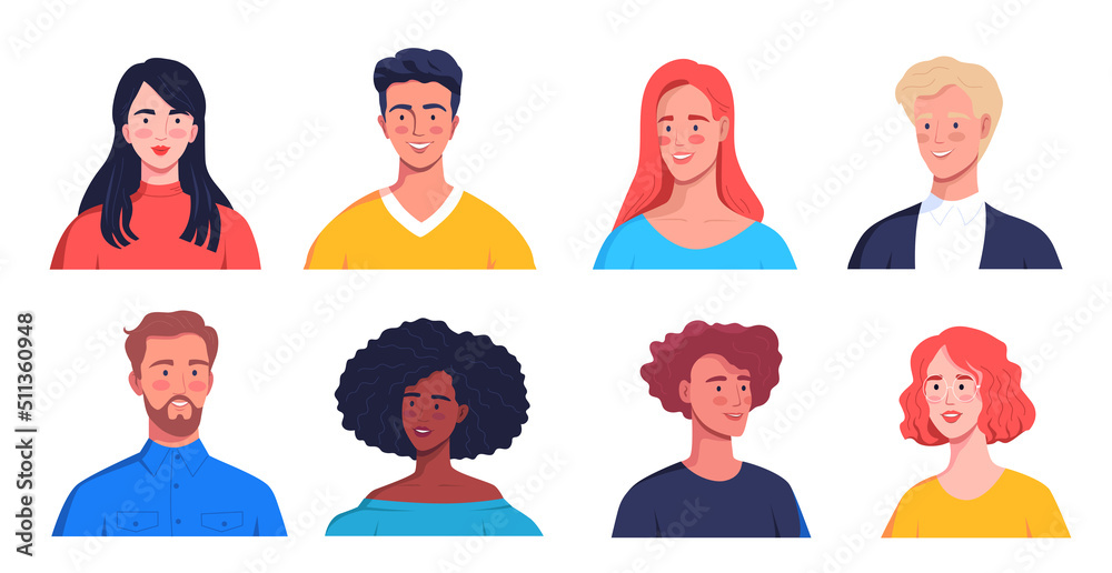 Young different people portraits set illustration. Cartoon characters ...
