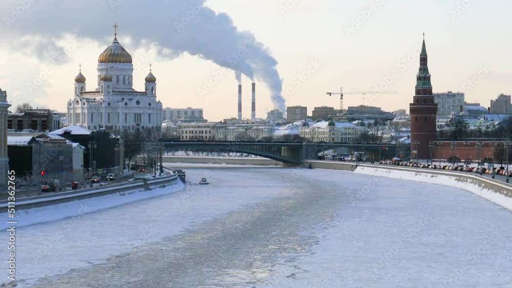 Moscow, Russia, traffic near Red Square and the Kremlin. Cold winter ...
