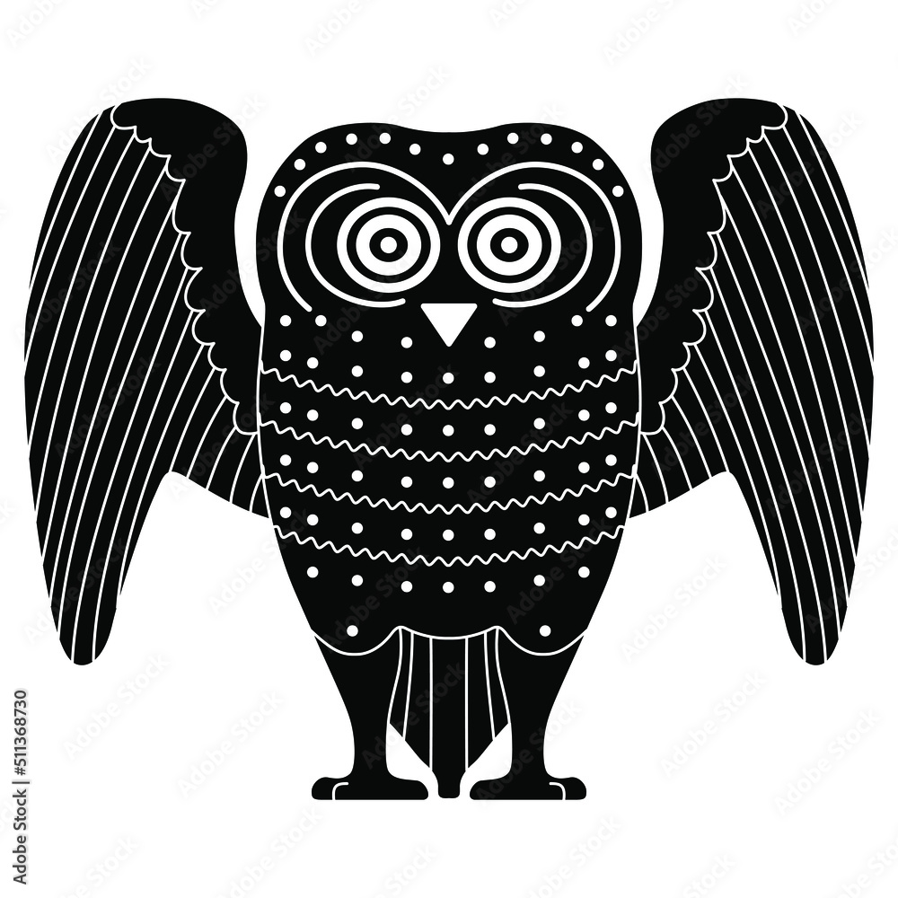 Stylized owl with open wings. Ethnic ancient Greek animal design. Black ...