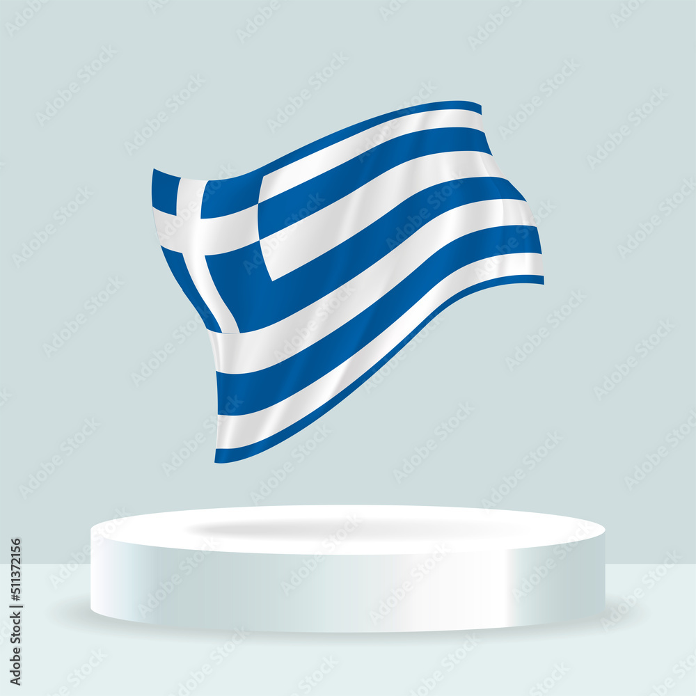 Greece flag. 3d rendering of the flag displayed on the stand. Waving ...